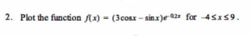 Solved 2. Plot the function f(x)=(3cosx−sinx)e−02x for | Chegg.com