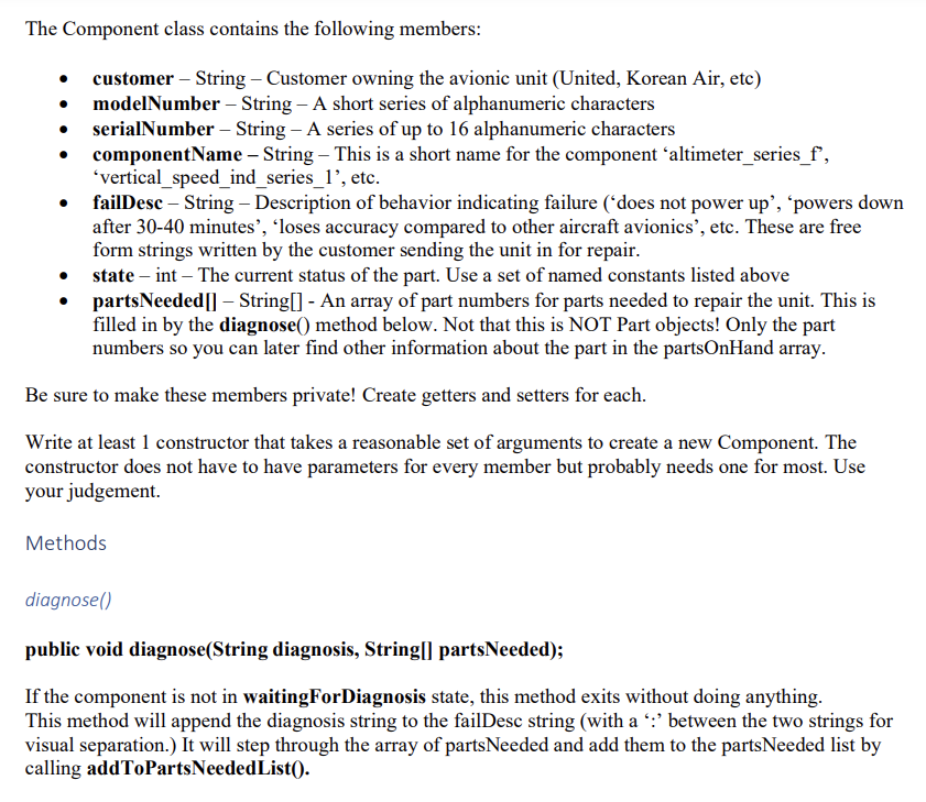 Solved Component class Create a class called 'Component'. At | Chegg.com