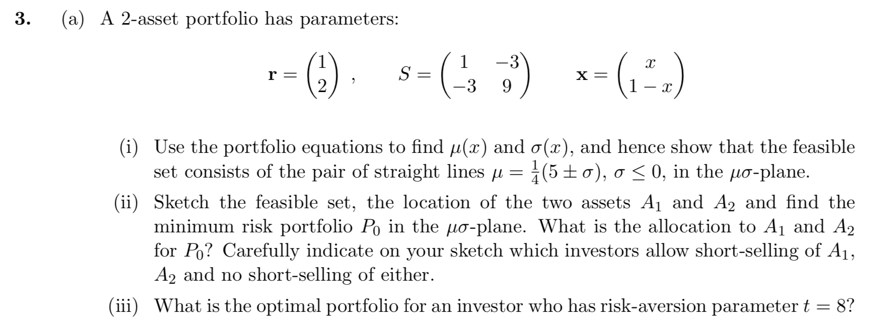 3. (a) A 2-asset portfolio has parameters: r = (1) | Chegg.com