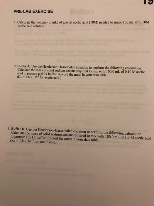 Solved PRE-LAB EXERCISE 1. Calculate the volume (in mL) of | Chegg.com