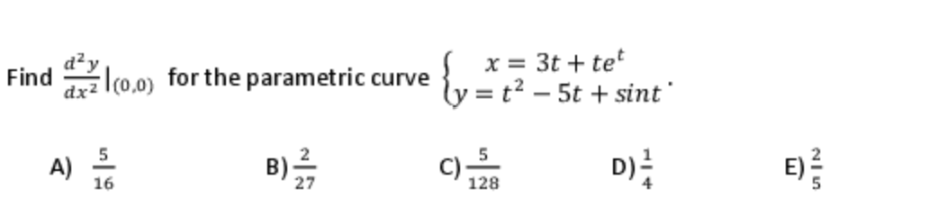 Solved Find dx2d2y∣∣(0,0) for the parametric curve | Chegg.com