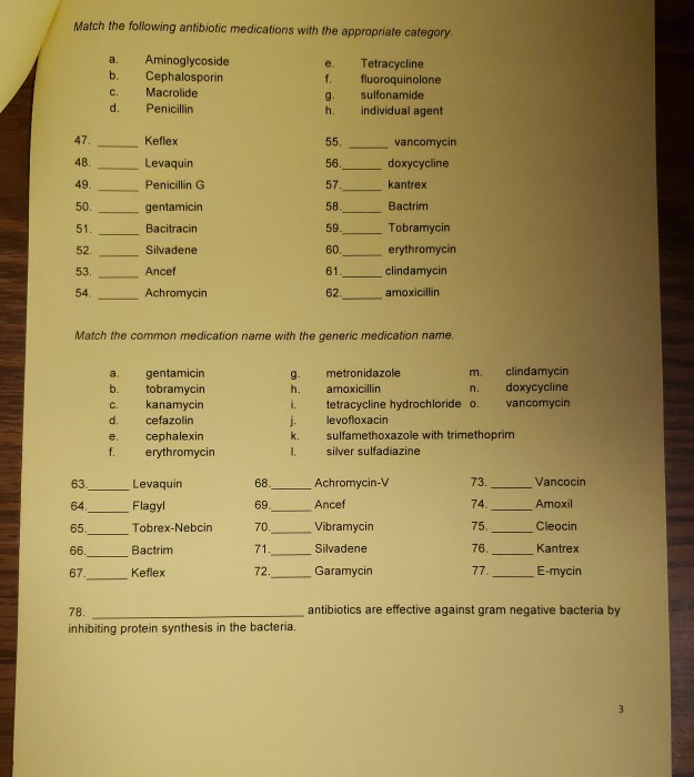Solved Match the following antibiotic medications with the | Chegg.com