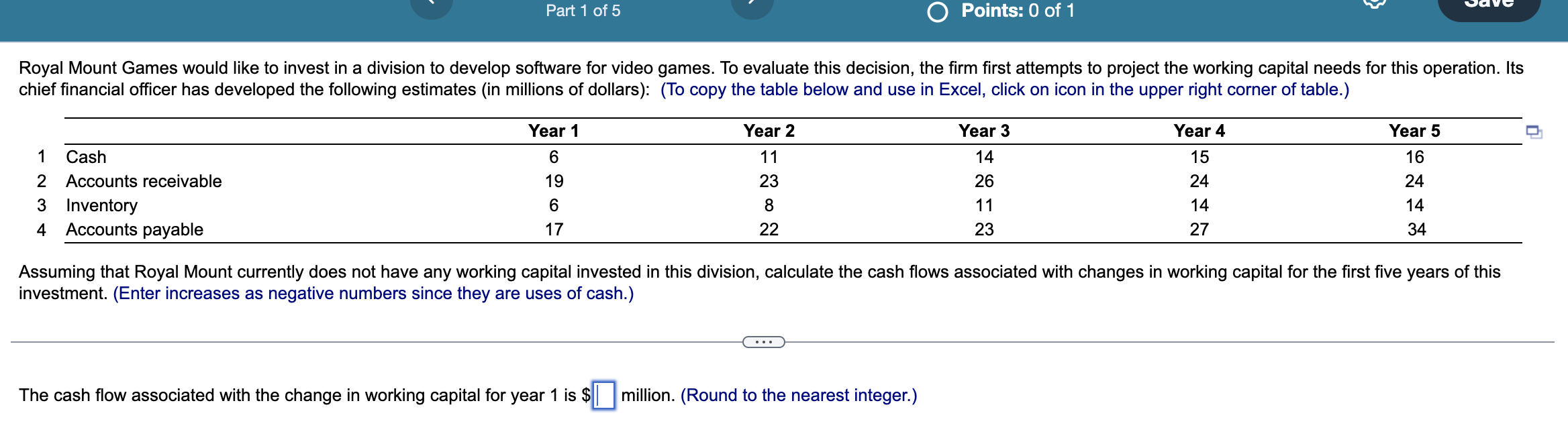 Solved Part 1 ﻿of 5Points: 0 ﻿of 1\table[[,Year 1,Year | Chegg.com