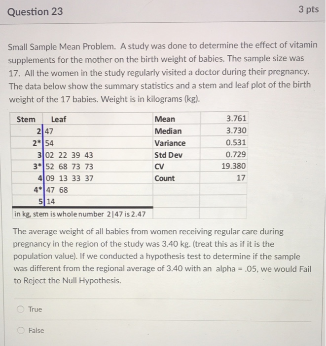 Solved Question 20 3 pts Small Sample Mean Problem. Each | Chegg.com