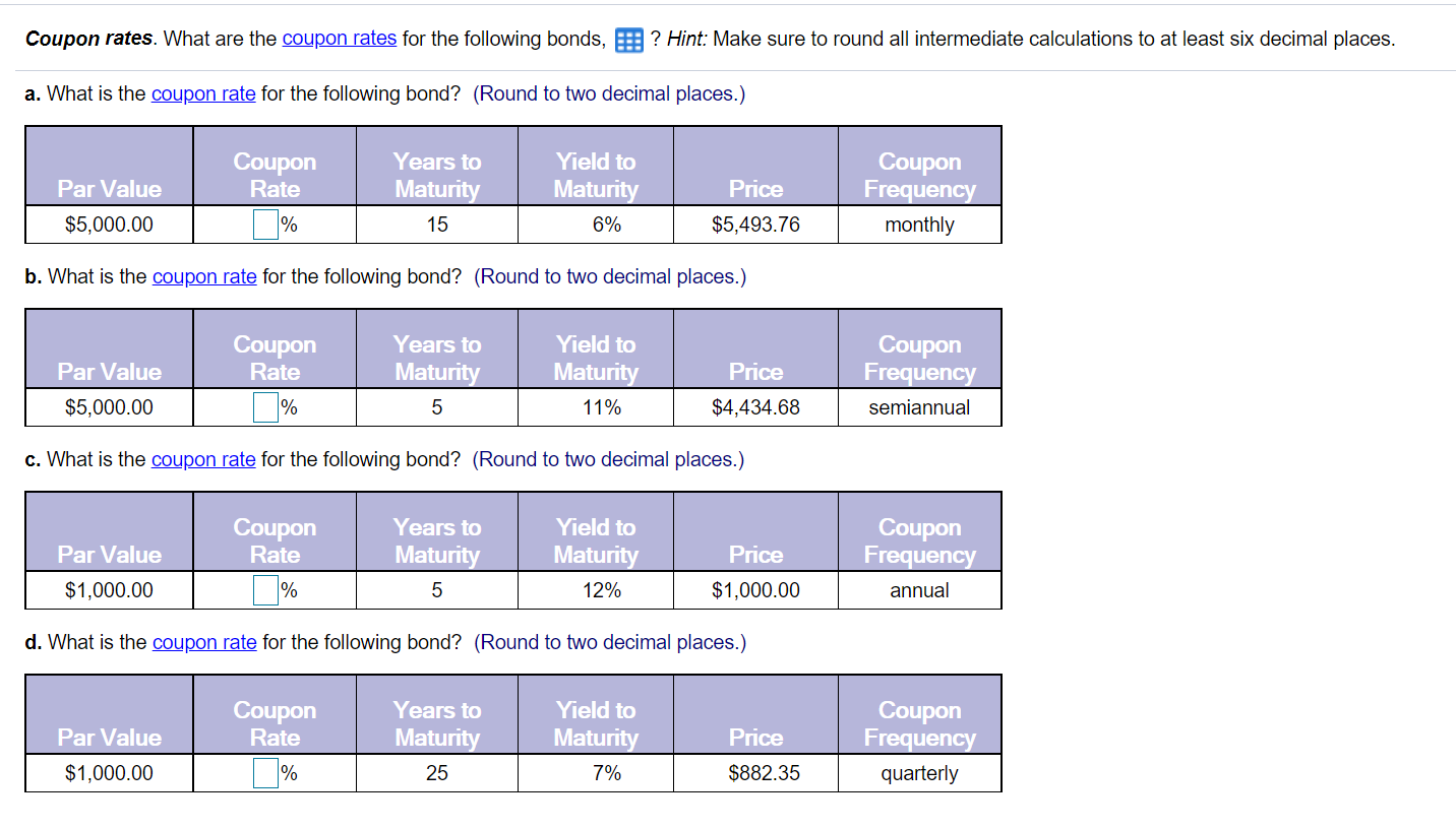 Solved Coupon rates. What are the coupon rates for the | Chegg.com