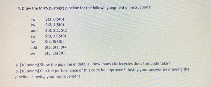 Solved 4. Draw the MIPS (5-stage) pipeline for the following | Chegg.com