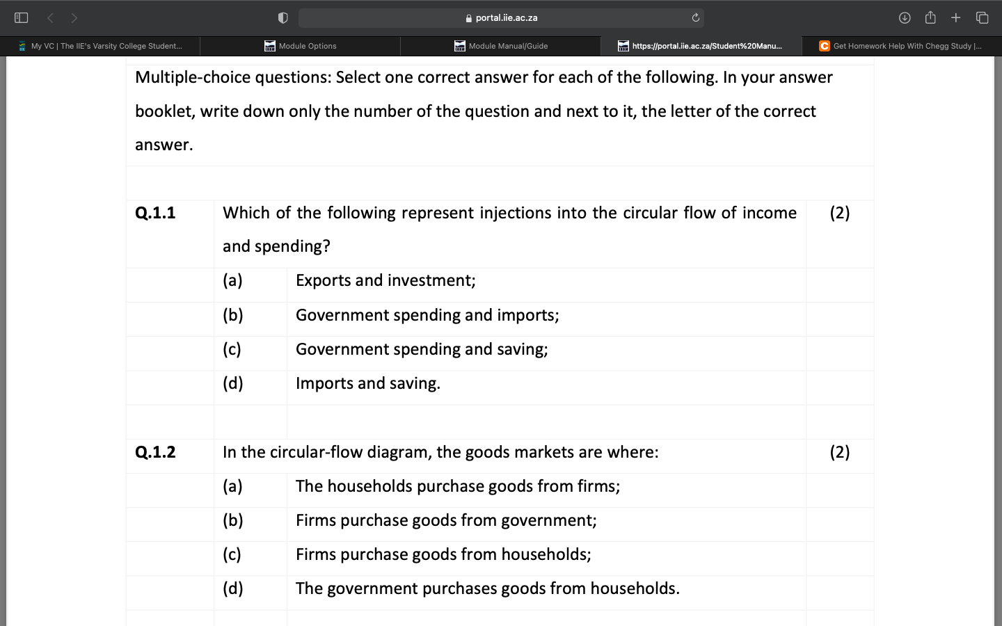 Solved portal.iie.ac.za V + My VC|The lIE's Varsity College | Chegg.com
