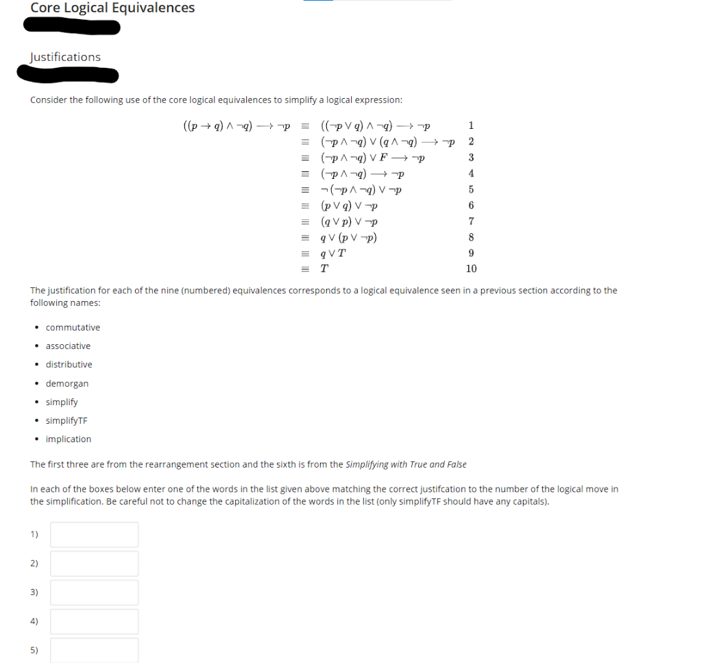 Solved Core Logical Equivalences Justifications Consider the | Chegg.com
