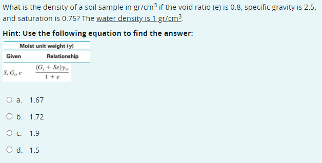 Solved What is the density of a soil sample in gr/cm3 if the | Chegg.com