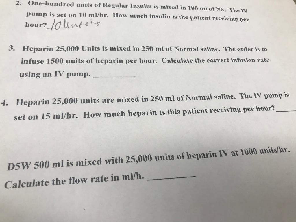Solved 2. One-hundred units of Regular Insulin is mixed in | Chegg.com