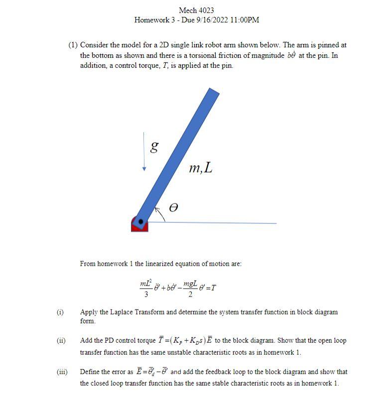 Solved (1) Consider the model for a 2D single link robot arm | Chegg.com