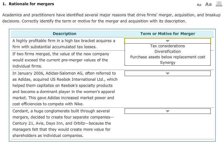 Solved 1. Rationale for mergers Aa Aa Academics and | Chegg.com