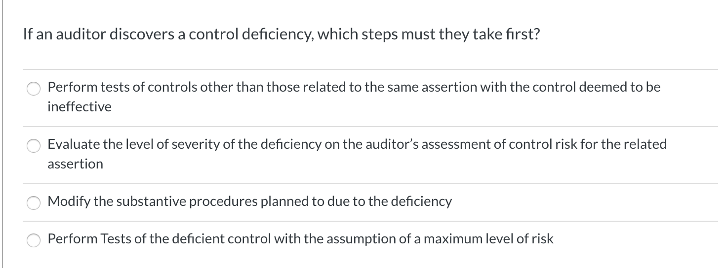 Solved If an auditor discovers a control deficiency, which | Chegg.com