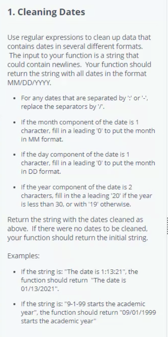 Solved 1. Cleaning Dates Use regular expressions to clean up | Chegg.com