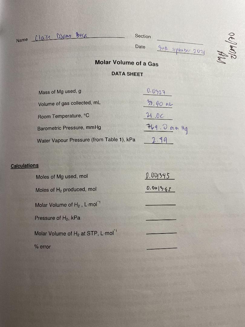Solved Molar Volume of a Gas Objective In this experiment | Chegg.com