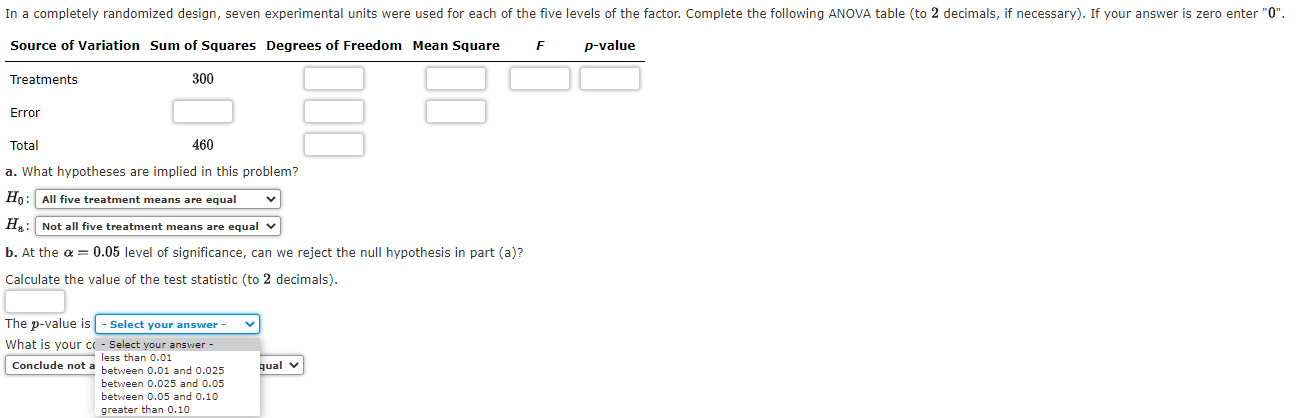 Solved In a completely randomized design, seven experimental | Chegg.com