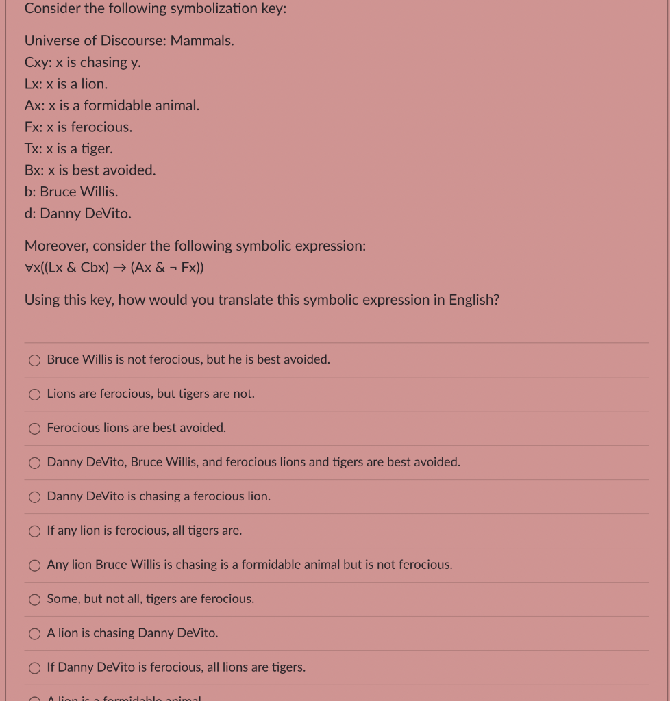 Solved Consider the following symbolization key: Universe of | Chegg.com