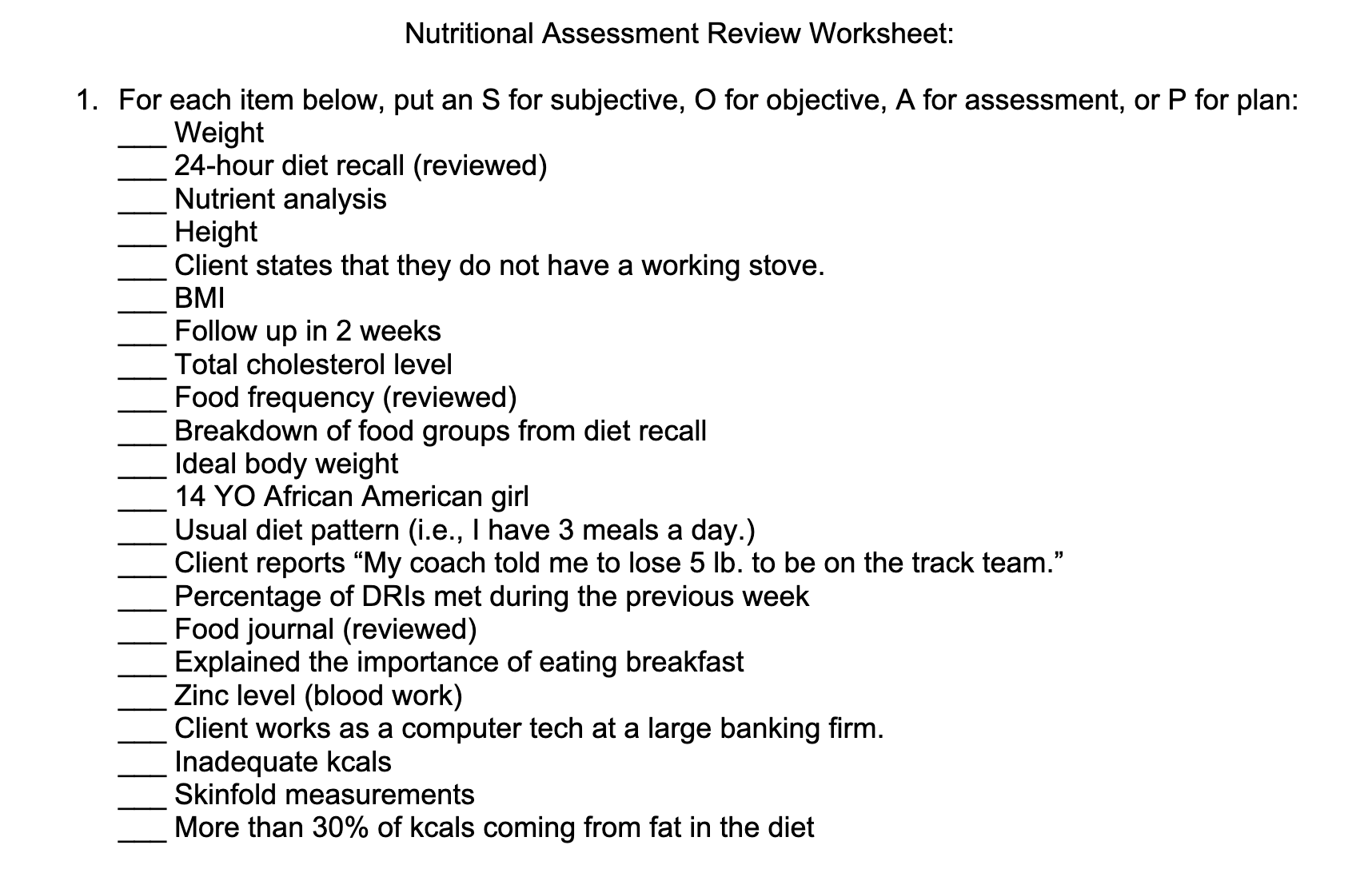 Solved Nutritional Assessment Review Worksheet:For each item | Chegg.com