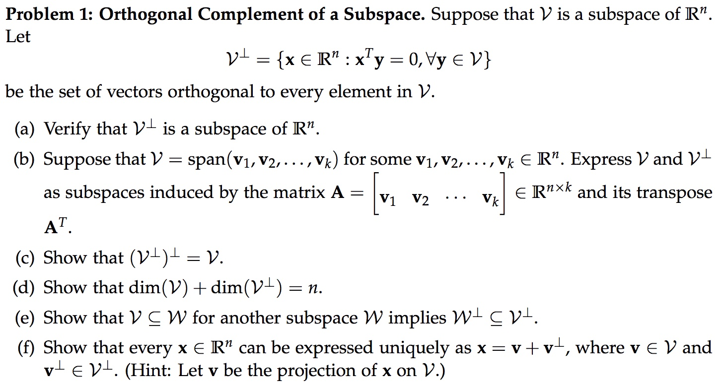 Problem 1: Orthogonal Complement of a Subspace. | Chegg.com