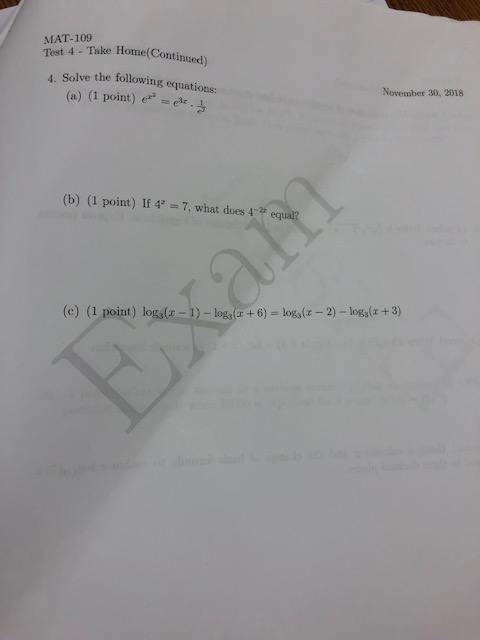 Solved MAT-109 Test 4 Take Home(Continued) 4. Solve the | Chegg.com
