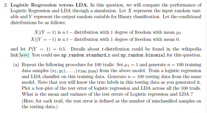 2. Logistic Regression versus LDA. In this question, | Chegg.com
