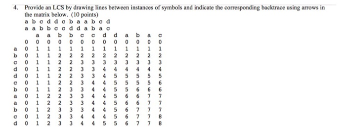 Solved Provide an LCS by drawing lines between instances of | Chegg.com