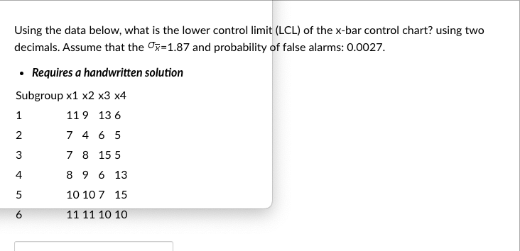 Solved Using the data below, what is the lower control limit | Chegg.com