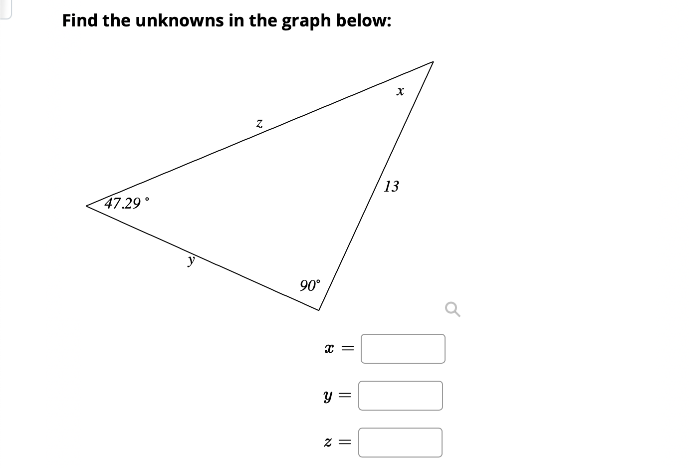 Solved Find the unknowns in the graph below: х z 13 47.29° | Chegg.com