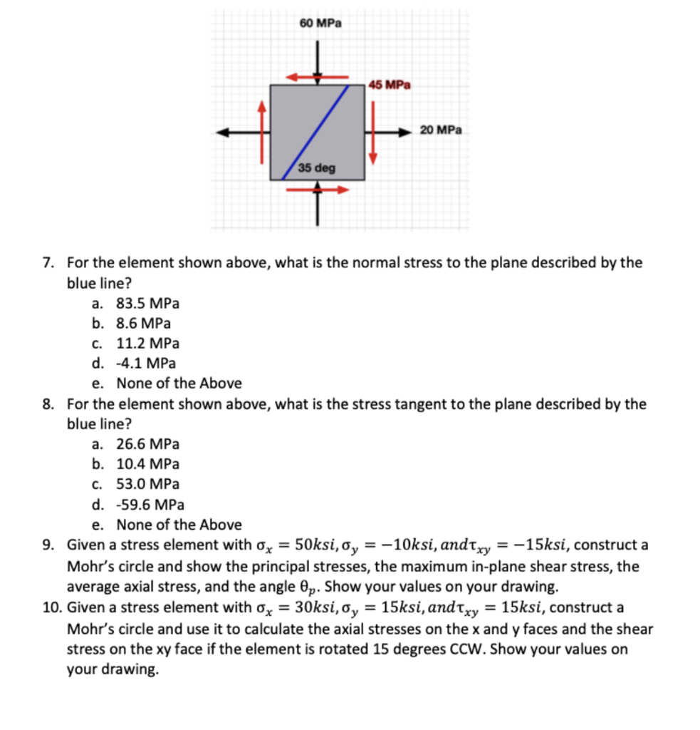 Solved 60 MPa 45 MPa 20 MPa 35 deg 7. For the element shown | Chegg.com