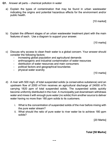 Solved Q1. Answer all parts - chemical pollution in water a) | Chegg.com