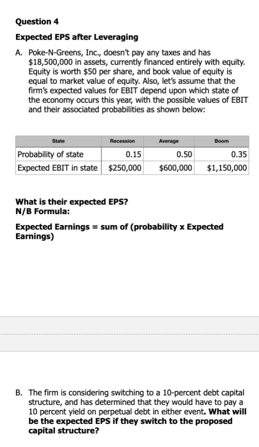 Solved Question 4Expected EPS after LeveragingA. | Chegg.com