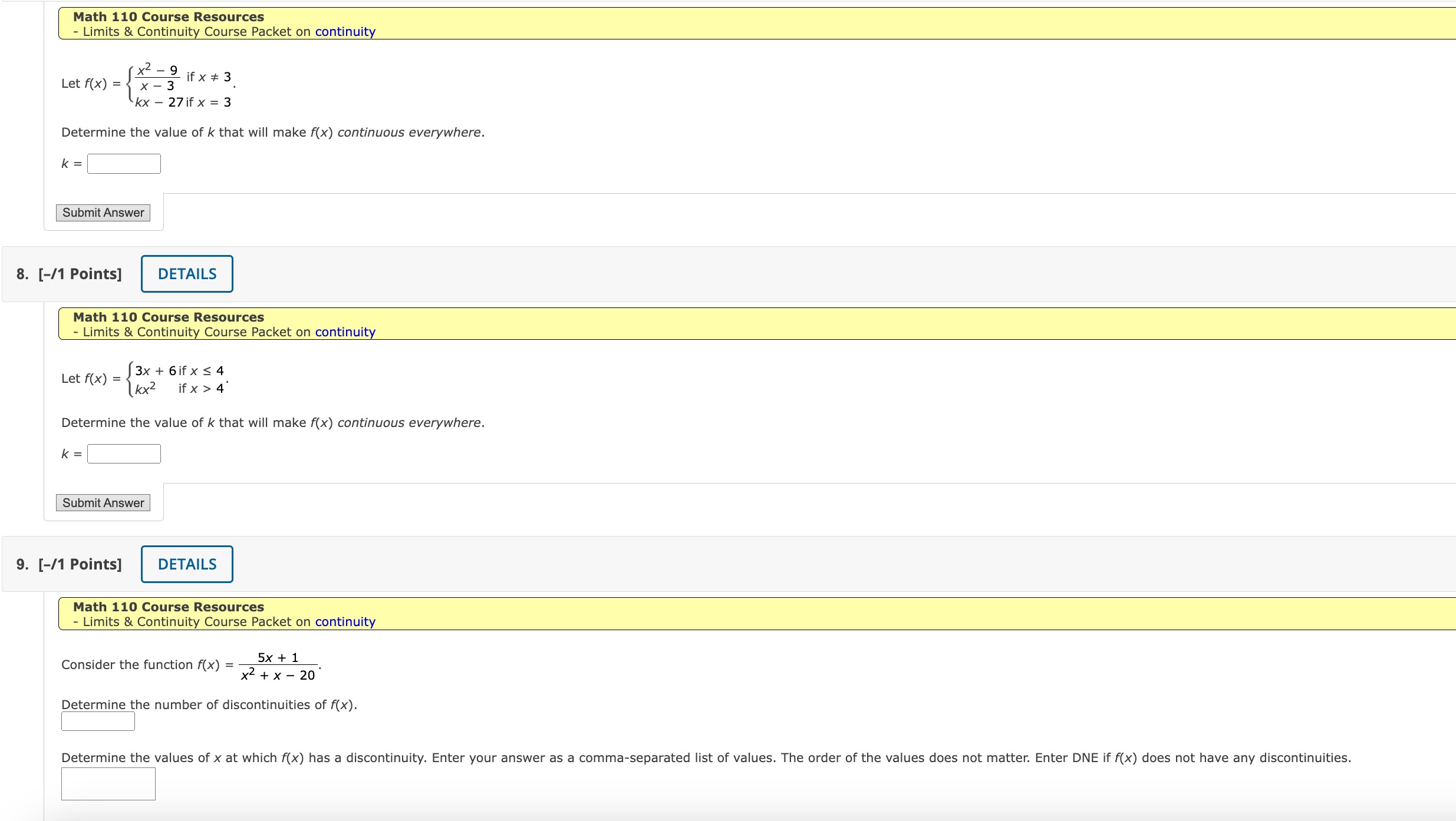 Solved Math 110 Course Resources - Limits \& Continuity | Chegg.com
