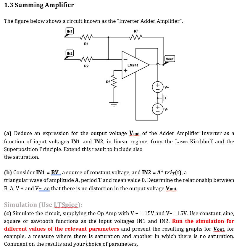 Solved 1.3 Summing Amplifier The figure below shows a | Chegg.com
