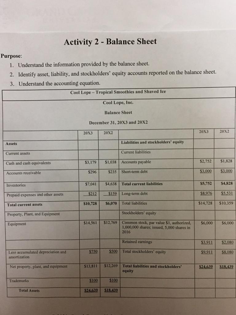 Solved Activity 2 - Balance Sheet Purpose: 1. Understand the | Chegg.com