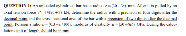 Solved QUESTION 1: An unloaded cylindrical bar has a radius | Chegg.com