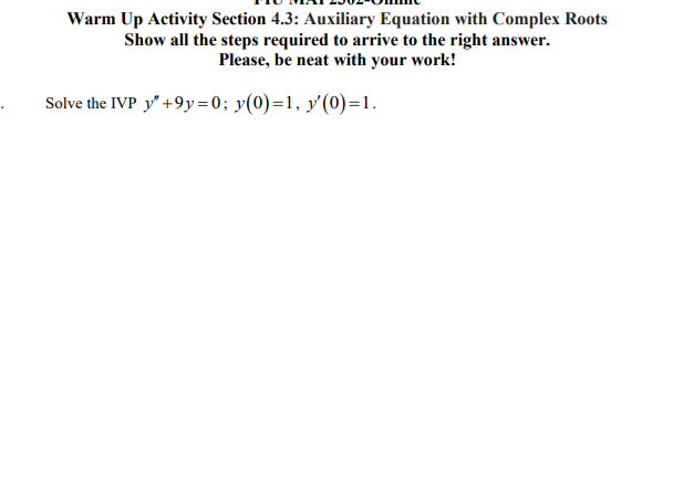 Solved Warm Up Activity Section 4.3: Auxiliary Equation with | Chegg.com