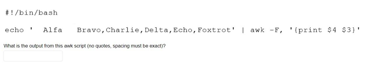 Solved #!/bin/bash Bravo, Charlie, Delta, Echo, Foxtrot' ∣ | Chegg.com
