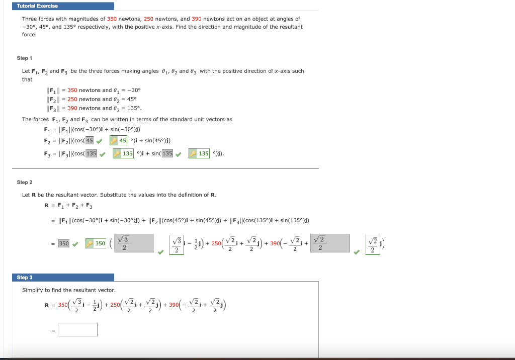 Solved Tutorial Exercise Three forces with magnitudes of 350 | Chegg.com