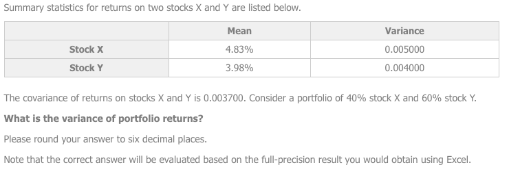 Solved Summary statistics for returns on two stocks X and Y | Chegg.com