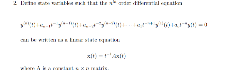 Solved 2. Define state variables such that the nth order | Chegg.com
