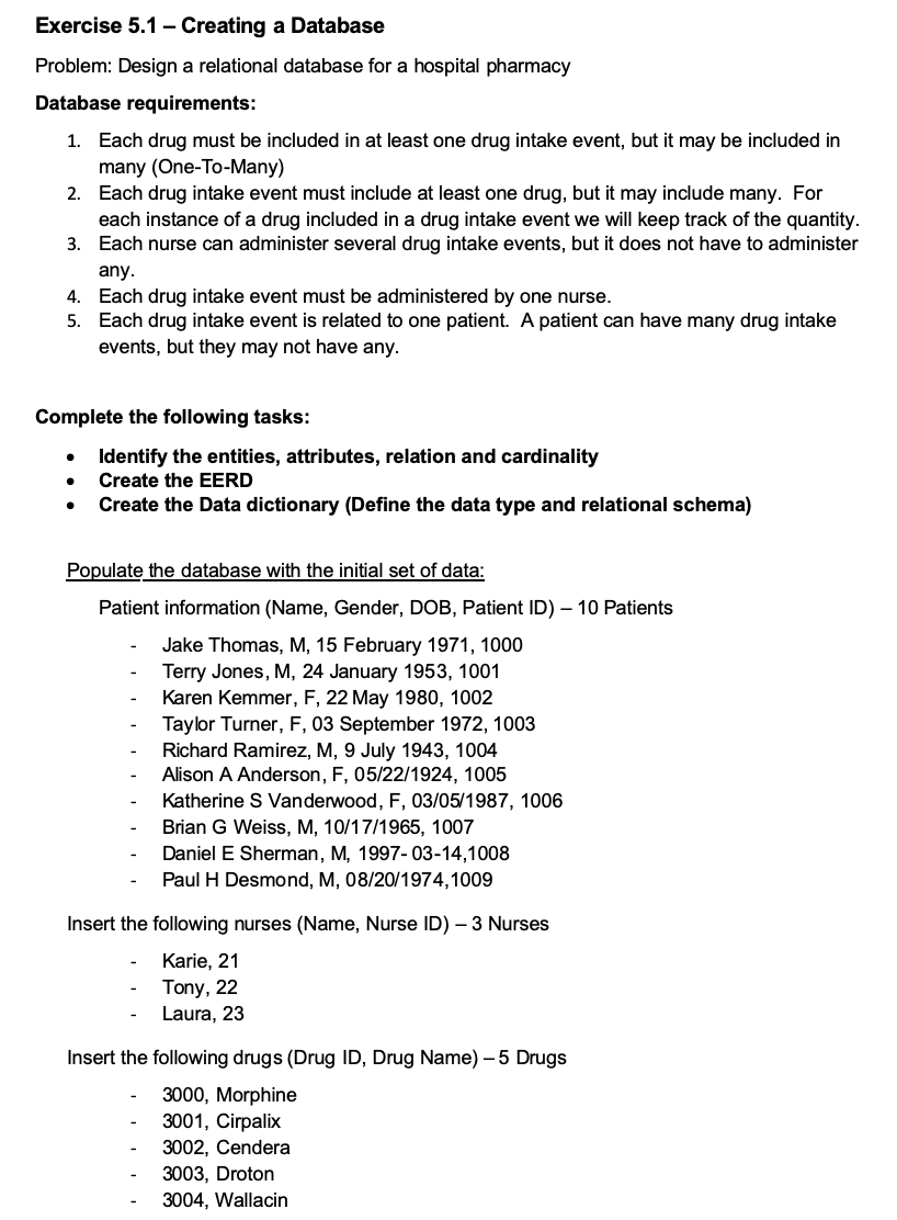 Exercise 5.1 - Creating a Database Problem: Design a | Chegg.com
