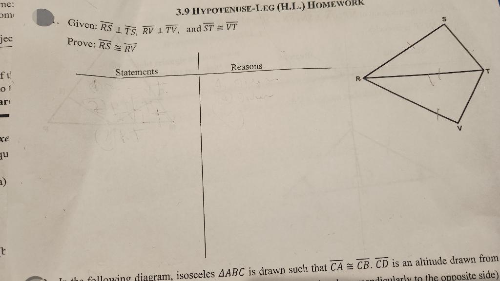 Solved 3.9 HYPOTENUSE-LEG (H.L.) HOMEWORK Given: | Chegg.com