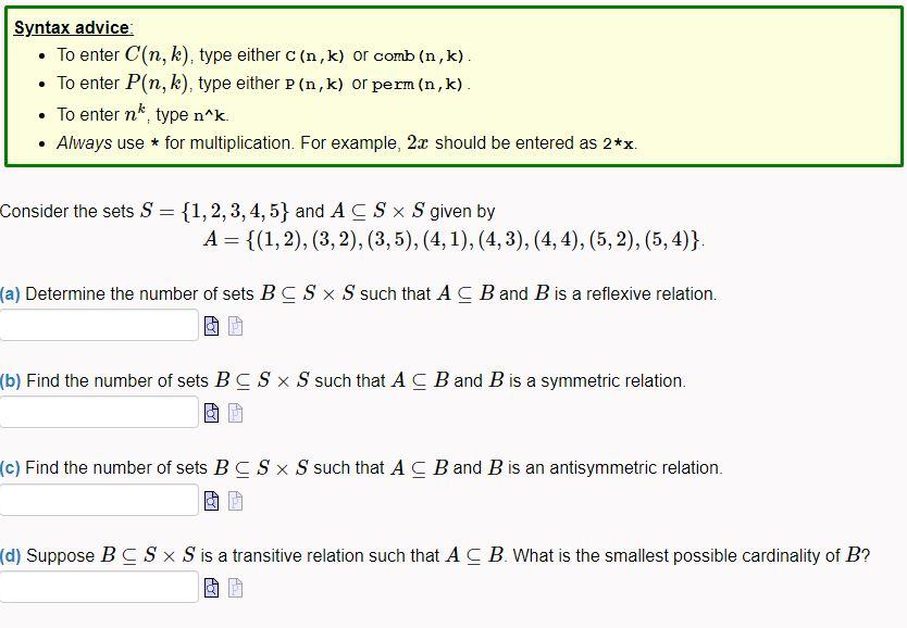 Solved Syntax advice: - To enter C(n,k), type either C(n,k) | Chegg.com