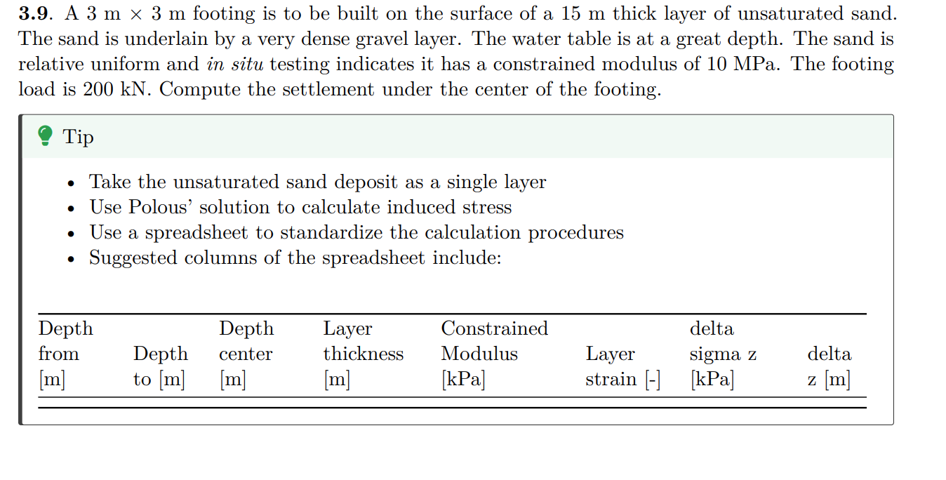 Solved 3.9. A 3 m×3 m footing is to be built on the surface | Chegg.com