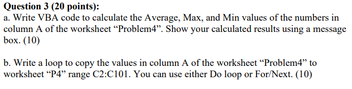 Question 3 (20 points): a. Write VBA code to | Chegg.com