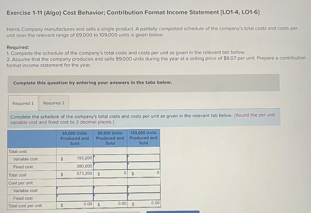 Solved Exercise 1-11 (Algo) Cost Behavior; Contribution | Chegg.com