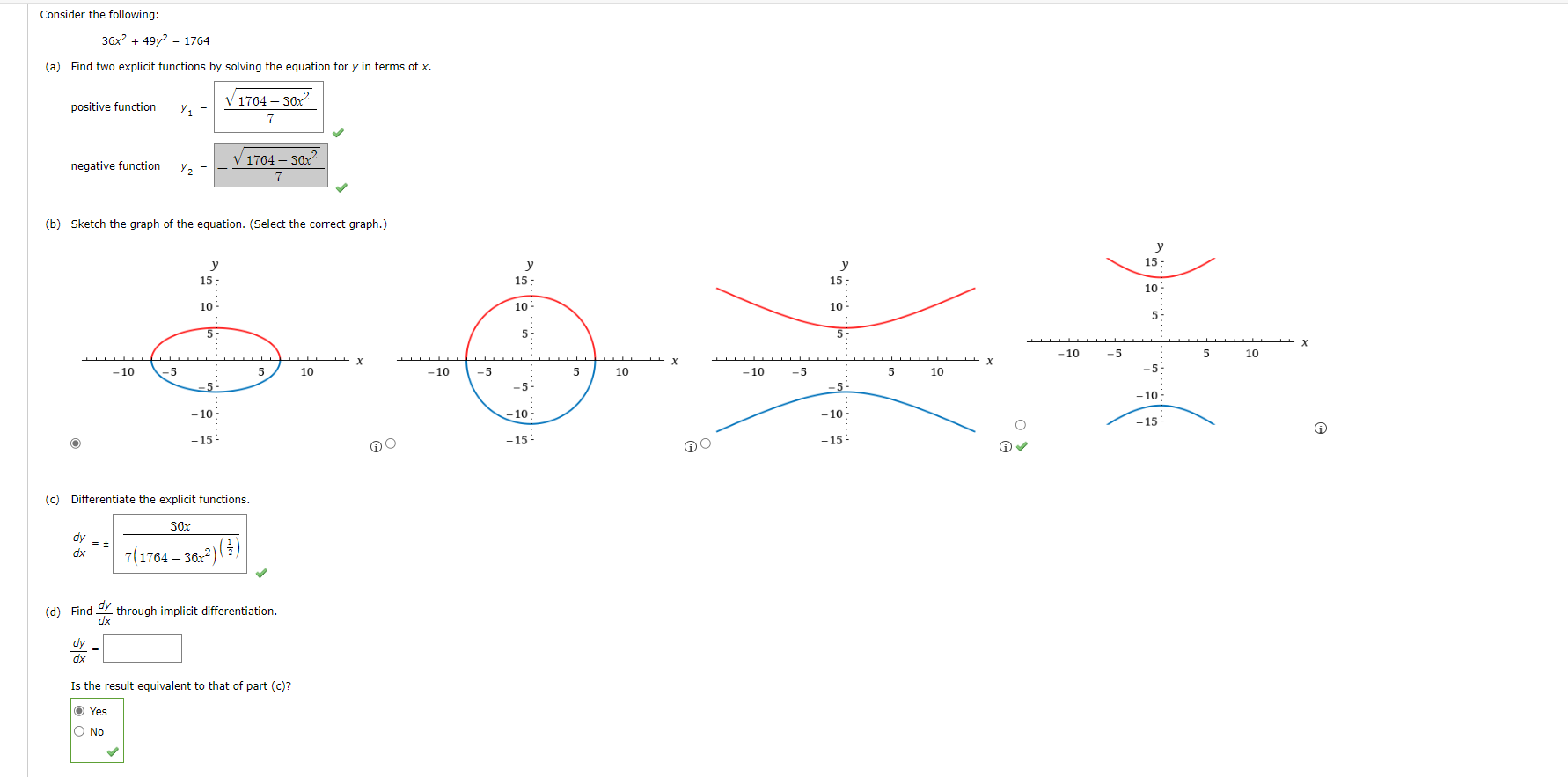 Solved 36x2+49y2=1764 (a) Find two explicit functions by | Chegg.com