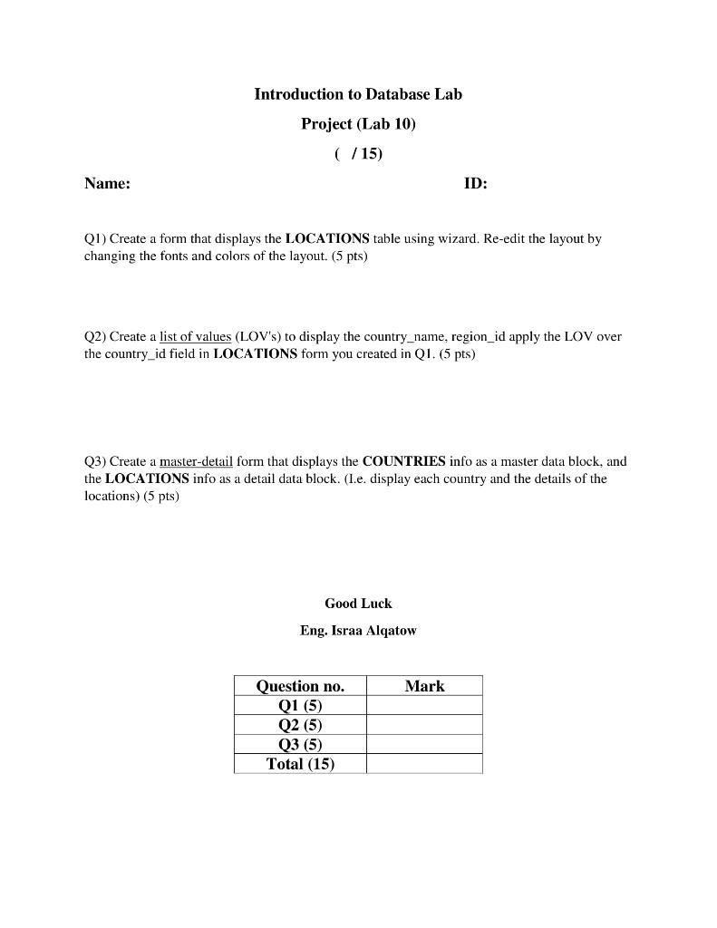 Solved Introduction to Database Lab Project (Lab 10) ( /15) | Chegg.com