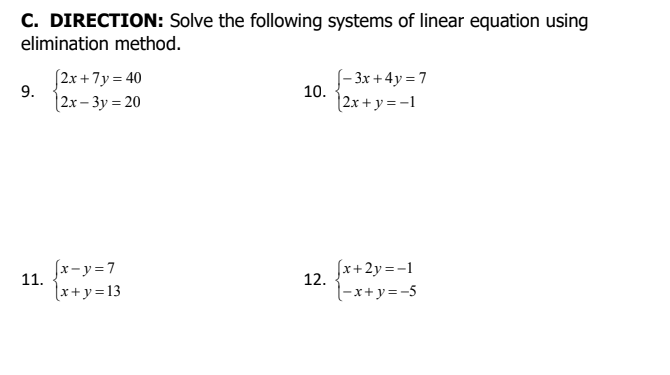 Solved C. DIRECTION: Solve the following systems of linear | Chegg.com