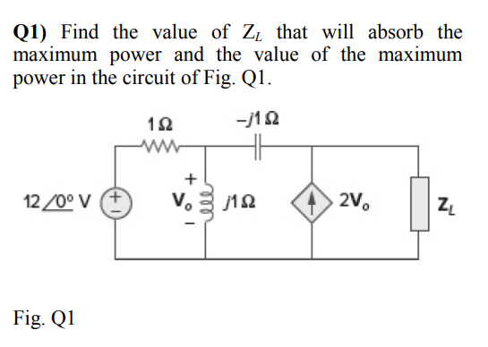 Solved Q1) Find the value of ZL that will absorb the maximum | Chegg.com